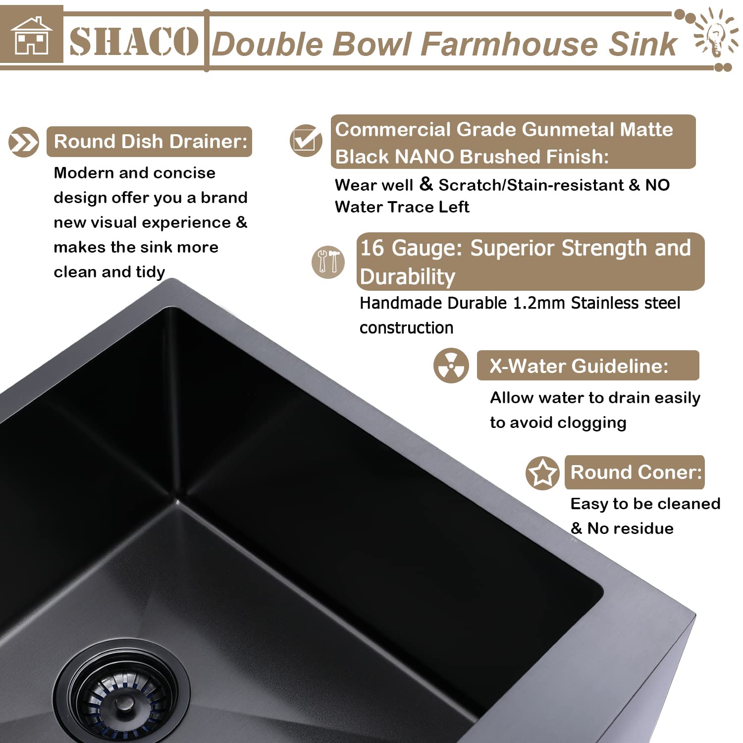 SHACO 33 Inch Black Double Farmhouse Sink, 33x21 Gunmetal Black Divided 50/50 Farmhouse Kitchen Sink, 304 Stainless Steel 9 Inch Deep Double Basin Apron Front Farm Sink for Kitchen