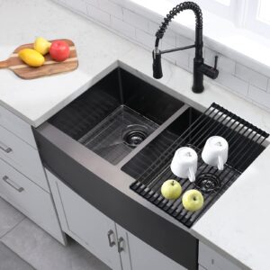 SHACO 33 Inch Black Double Farmhouse Sink, 33x21 Gunmetal Black Divided 50/50 Farmhouse Kitchen Sink, 304 Stainless Steel 9 Inch Deep Double Basin Apron Front Farm Sink for Kitchen