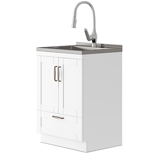 SIMPLIHOME Reed Transitional 24 Inch Deluxe Laundry Cabinet with Pull-out Faucet and Stainless Steel Sink in White, For the Laundry Room and Utility Room