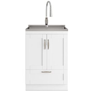 SIMPLIHOME Reed Transitional 24 Inch Deluxe Laundry Cabinet with Pull-out Faucet and Stainless Steel Sink in White, For the Laundry Room and Utility Room