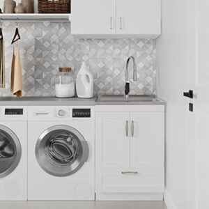 SIMPLIHOME Reed Transitional 24 Inch Deluxe Laundry Cabinet with Pull-out Faucet and Stainless Steel Sink in White, For the Laundry Room and Utility Room