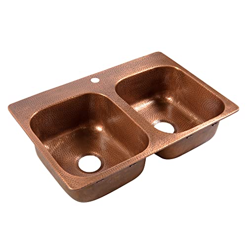 Angelico Copper 33" Double Bowl Drop-In Kitchen Sink with 1 Hole