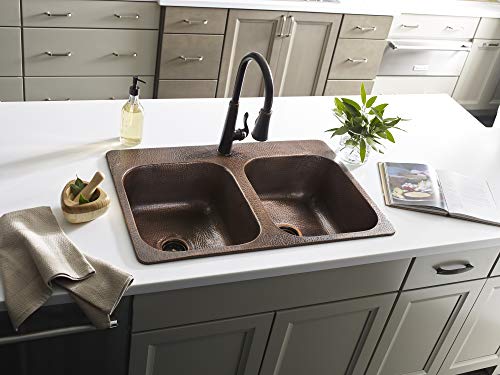 Angelico Copper 33" Double Bowl Drop-In Kitchen Sink with 1 Hole