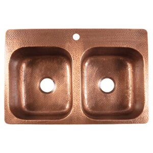 Angelico Copper 33" Double Bowl Drop-In Kitchen Sink with 1 Hole