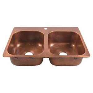 Angelico Copper 33" Double Bowl Drop-In Kitchen Sink with 1 Hole