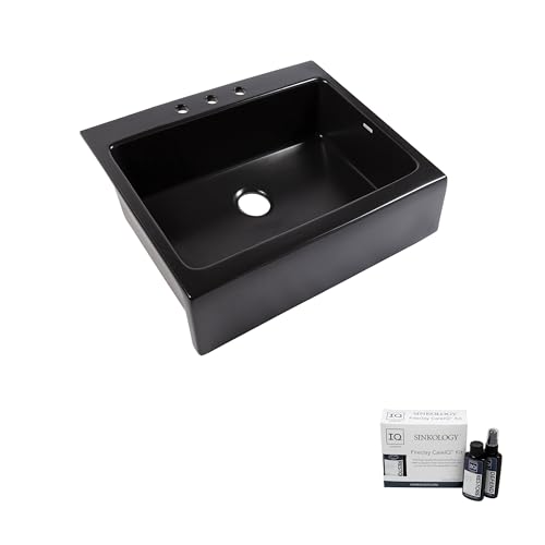 Parker Fireclay Quick-Fit Drop-In Farmhouse Kitchen Sink and Care Kit, 26" Matte Black Single Bowl with 3 Holes