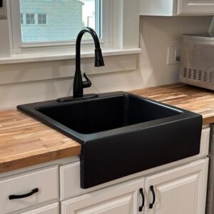 Parker Fireclay Quick-Fit Drop-In Farmhouse Kitchen Sink and Care Kit, 26" Matte Black Single Bowl with 3 Holes