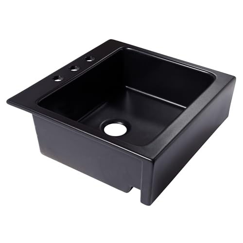 Parker Fireclay Quick-Fit Drop-In Farmhouse Kitchen Sink and Care Kit, 26" Matte Black Single Bowl with 3 Holes