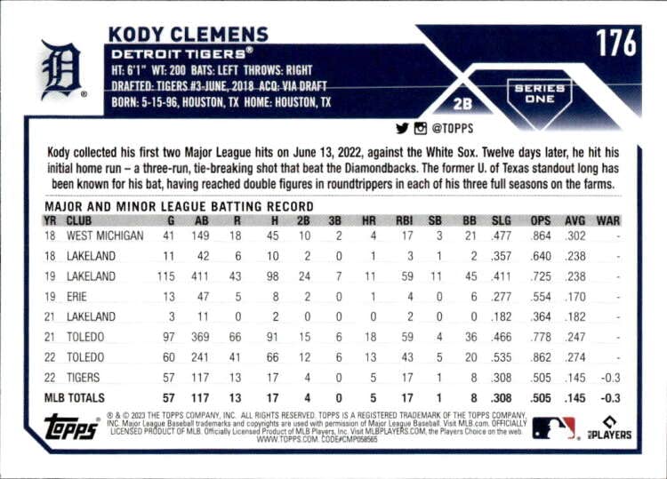 2023 Topps #176 Kody Clemens Detroit Tigers (RC - Rookie Card) NM-MT MLB Baseball