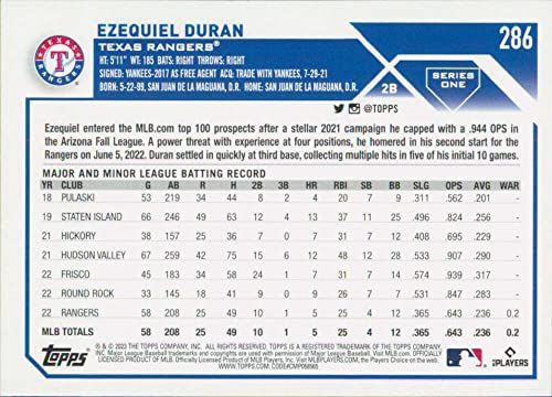 2023 Topps #286 Ezequiel Duran Texas Rangers (RC - Rookie Card) NM-MT MLB Baseball