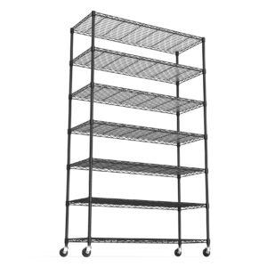 black nsf 7 tier metal shelf wire shelving unit, 2450lbs heavy duty adjustable storage rack with wheels & shelf liners for closet kitchen garage basement commercial shelving - 82" h x 48" l x 18" d