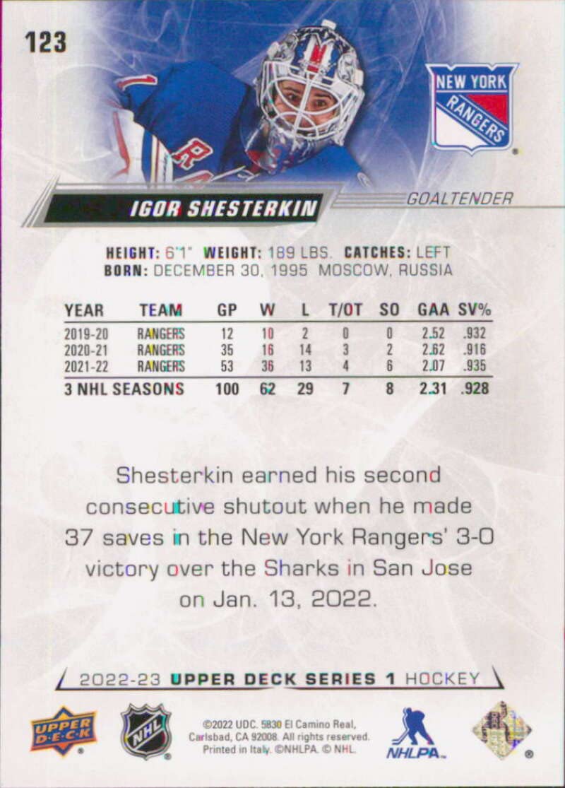 2022-23 Upper Deck #123 Igor Shesterkin New York Rangers Series 1 NHL Hockey Trading Card