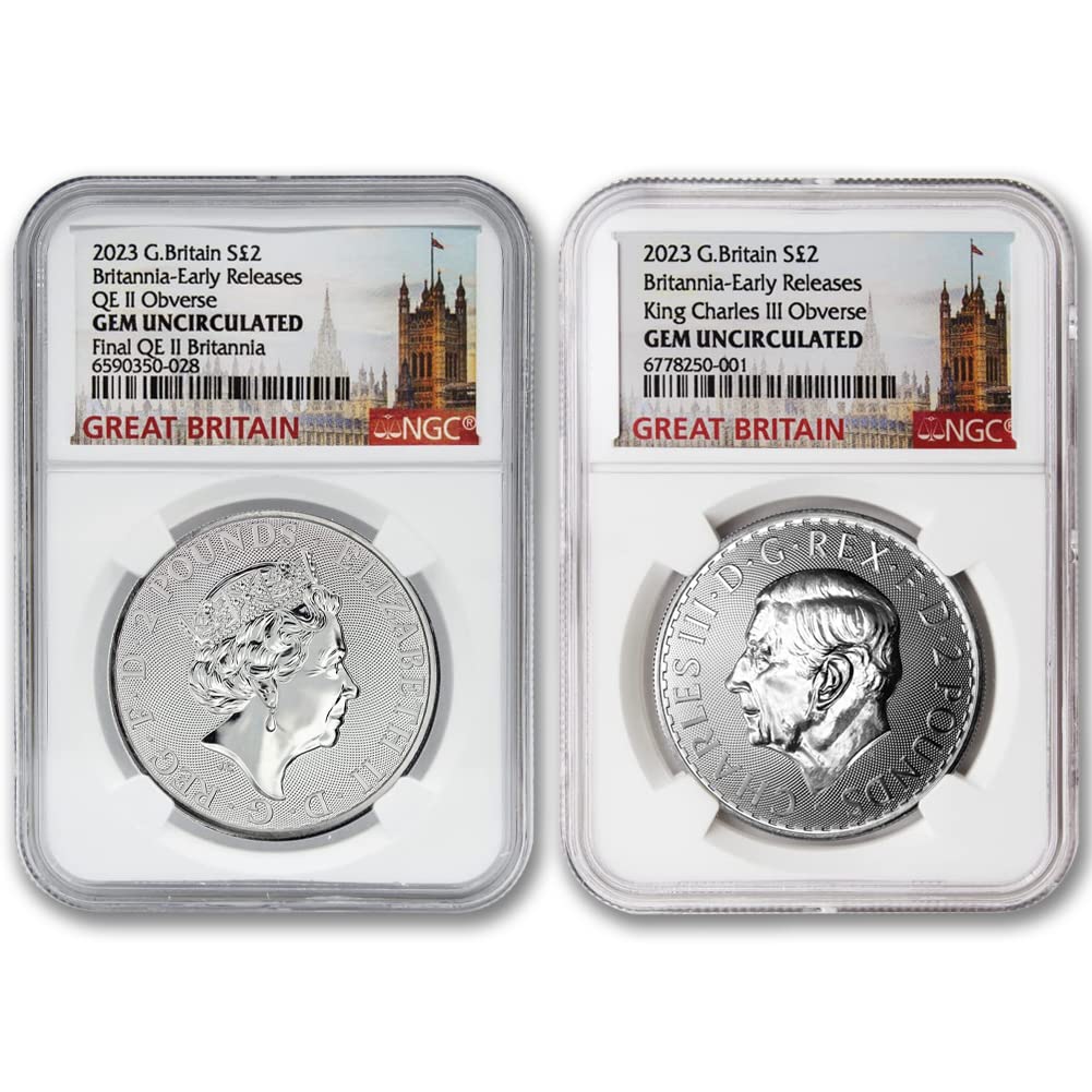 2023 Lot of (2) 1 oz British Silver Britannia Coins Gem Uncirculated (Early Releases - Great Britain Label) £2 NGC GEMUNC