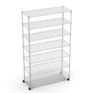 chrome nsf 7 tier metal shelf wire shelving unit, 2450lbs heavy duty adjustable storage rack with wheels & shelf liners for closet kitchen garage basement commercial shelving - 82" h x 48" l x 18" d