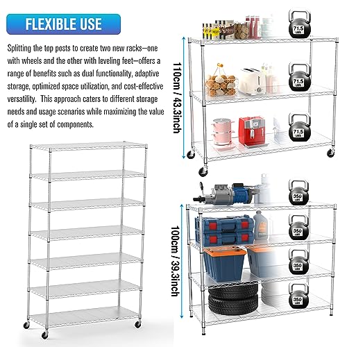 Chrome NSF 7 Tier Metal Shelf Wire Shelving Unit, 2450lbs Heavy Duty Adjustable Storage Rack with Wheels & Shelf Liners for Closet Kitchen Garage Basement Commercial Shelving - 82" H x 48" L x 18" D