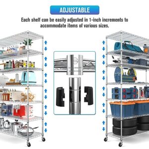 Chrome NSF 7 Tier Metal Shelf Wire Shelving Unit, 2450lbs Heavy Duty Adjustable Storage Rack with Wheels & Shelf Liners for Closet Kitchen Garage Basement Commercial Shelving - 82" H x 48" L x 18" D