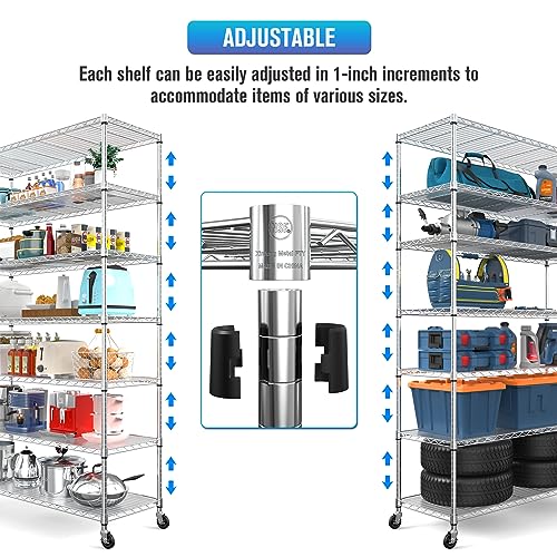 Chrome NSF 7 Tier Metal Shelf Wire Shelving Unit, 2450lbs Heavy Duty Adjustable Storage Rack with Wheels & Shelf Liners for Closet Kitchen Garage Basement Commercial Shelving - 82" H x 48" L x 18" D