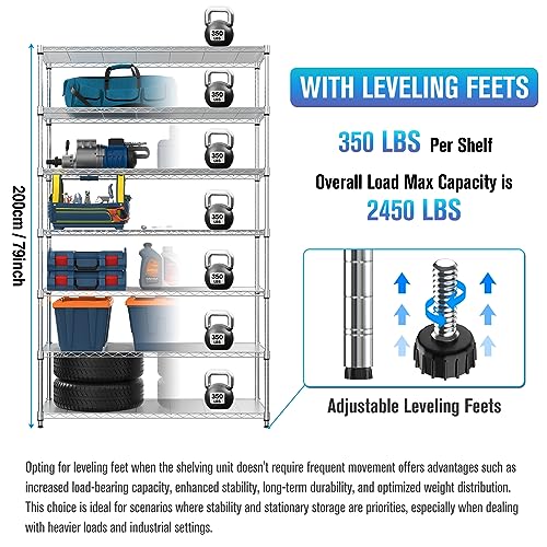 Chrome NSF 7 Tier Metal Shelf Wire Shelving Unit, 2450lbs Heavy Duty Adjustable Storage Rack with Wheels & Shelf Liners for Closet Kitchen Garage Basement Commercial Shelving - 82" H x 48" L x 18" D