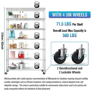 Chrome NSF 7 Tier Metal Shelf Wire Shelving Unit, 2450lbs Heavy Duty Adjustable Storage Rack with Wheels & Shelf Liners for Closet Kitchen Garage Basement Commercial Shelving - 82" H x 48" L x 18" D