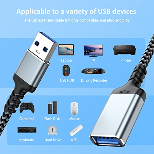 DteeDck USB Extension Cable 6.6ft 2 Pack, USB A Extension 3.0 Cord Braided Extender, USB to USB Extender Cable Male to Female 5Gbps Fast Data Transfer for USB Keyboard Mouse Flash Drive Hard Drive