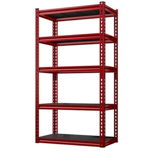 reibii garage shelving heavy duty 72" garage storage shelves 5 tier adjustable heavy duty shelving 1750lbs metal storage shelving unit for basement garage storage rack 72"h x 16.8"d x 31.8"w red black