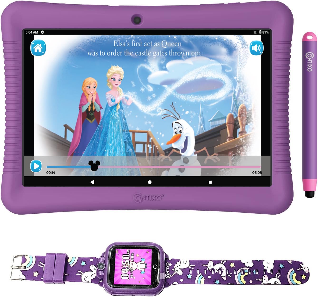 Contixo Kids Tablet, K102 10 Inch Tablet for Kids and Smart Watch Bundle, 2GB 32 GB Toddler Tablet with Bluetooth, with Smart Watch That Touch Screen, Camera, Video and Audio Recording - Purple