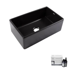 austen fireclay farmhouse apron kitchen sink and care kit, 30" matte black single bowl