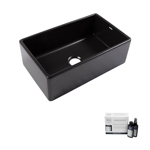 Austen Fireclay Farmhouse Apron Kitchen Sink and Care Kit, 30" Matte Black Single Bowl