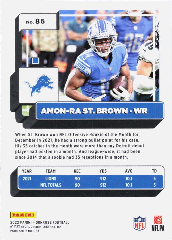 2022 DONRUSS #85 AMON-RA ST. BROWN DETROIT LIONS FOOTBALL OFFICIAL TRADING CARD OF THE NFL