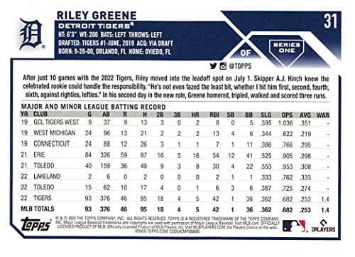 2023 Topps Series 1#31 Riley Greene Rookie Card