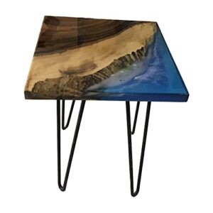 crystal clear epoxy table, square shaped sofa table, wood resin side table natural edge wood coffee table for living room, table for indoor decor with metallic legs (20''x20'')