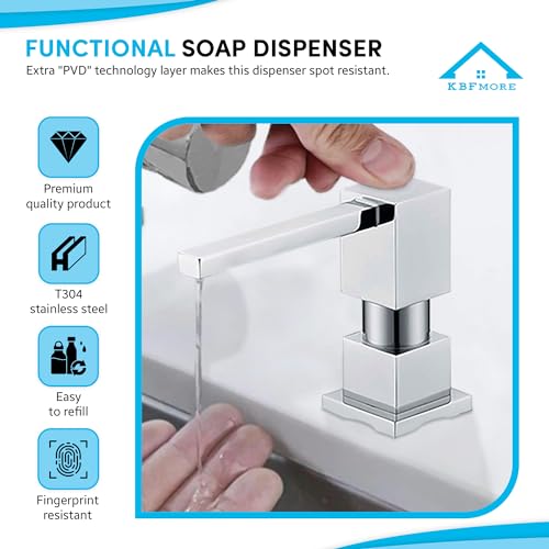 KBFmore 350 ml Square Polished Chrome Finish Kitchen Soap or Lotion Dispenser Fingerprint, Spot and Rust Resistant Stainless Steel 360 Degree Swivel Spout with Countertop Design PET Bottle