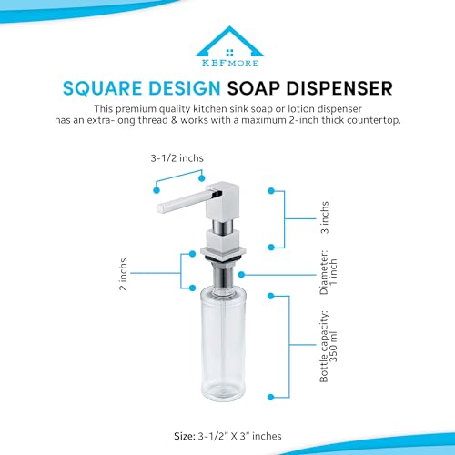 KBFmore 350 ml Square Polished Chrome Finish Kitchen Soap or Lotion Dispenser Fingerprint, Spot and Rust Resistant Stainless Steel 360 Degree Swivel Spout with Countertop Design PET Bottle