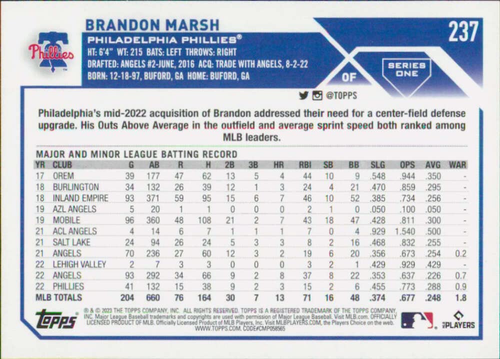 2023 Topps #237 Brandon Marsh NM-MT Philadelphia Phillies Baseball Trading Card