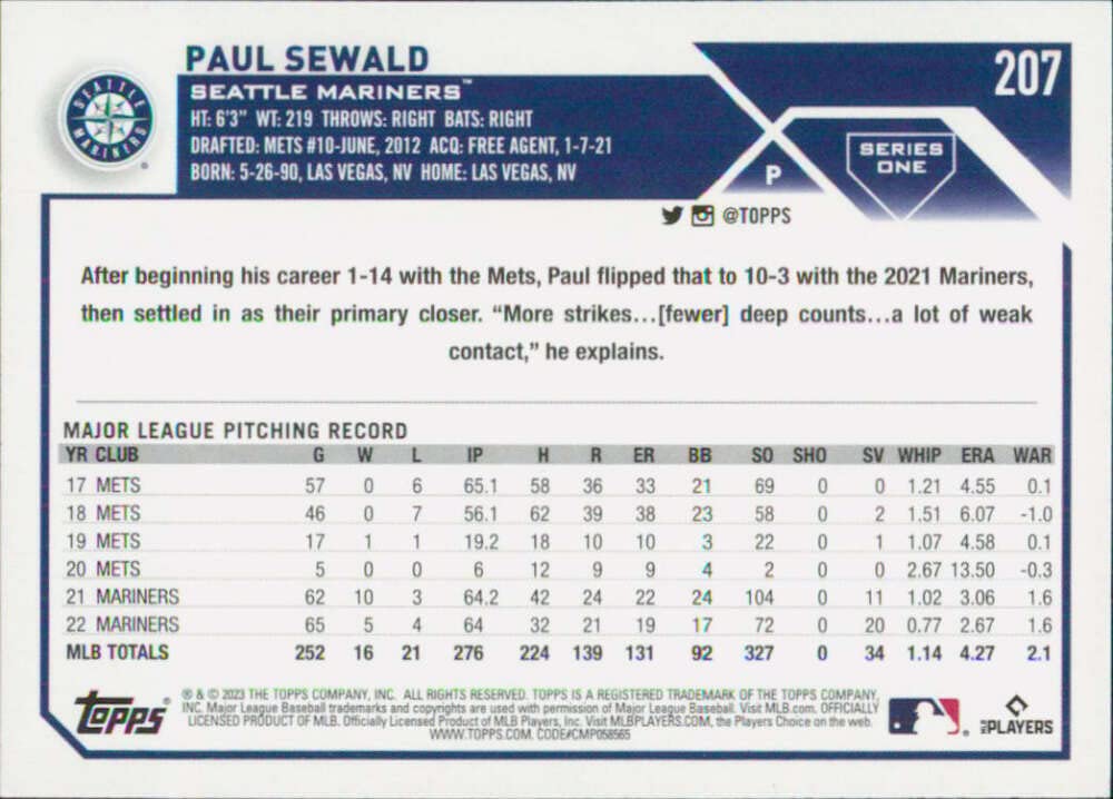 2023 Topps #207 Paul Sewald NM-MT Seattle Mariners Baseball Trading Card