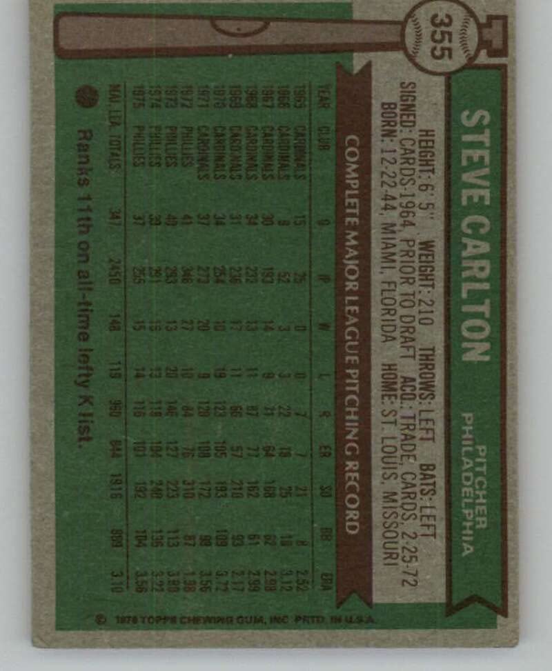 1976 Topps (EXMT) #355 Steve Carlton Philadelphia Phillies MLB Baseball Trading Card