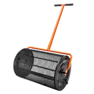 vevor compost spreader, 24.4-25.6" height adjustable handle, 24" wide, lawn and garden peat moss roller with side latches, powder coated steel mesh basket for spreading manure, topsoil, black