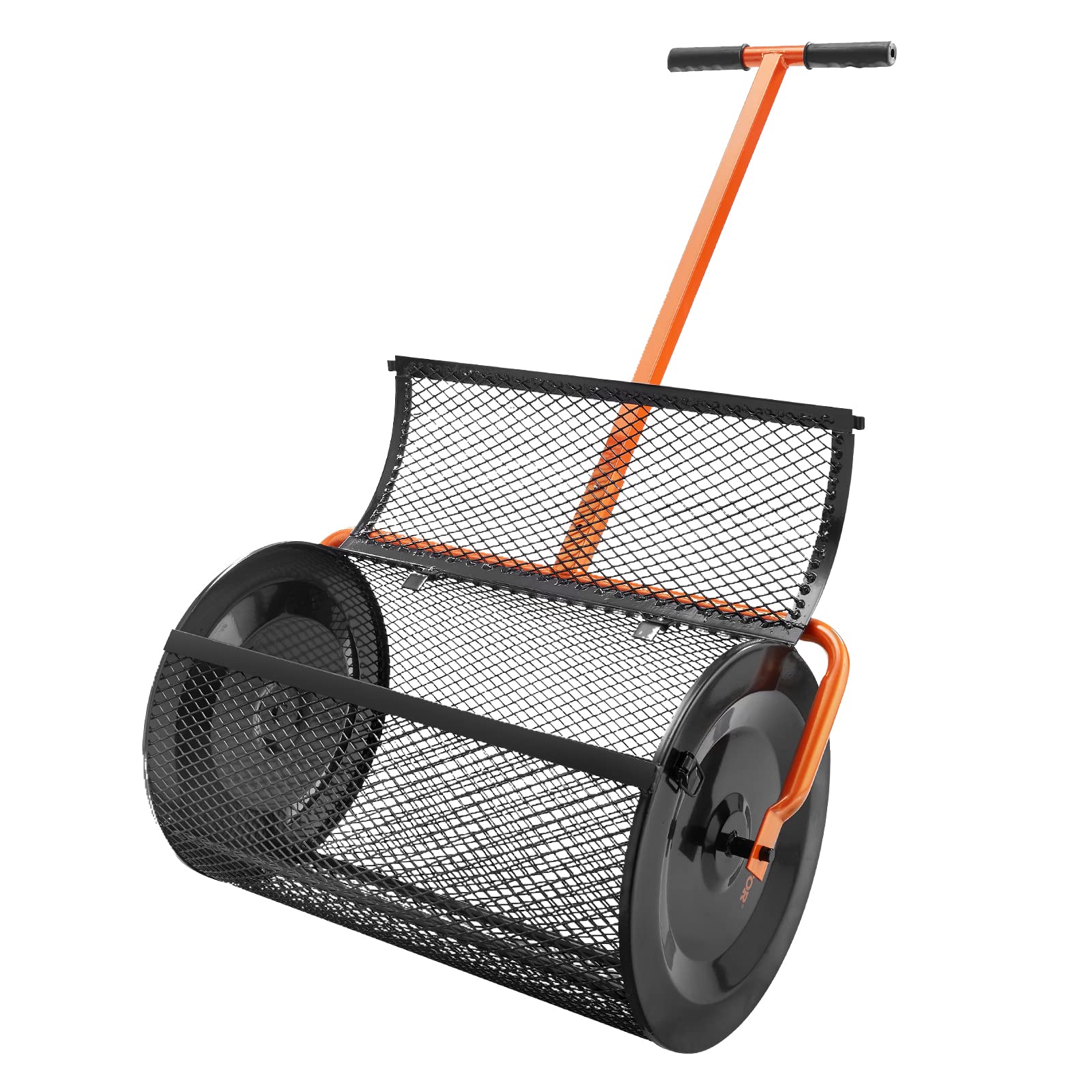 VEVOR Compost Spreader, 24.4-25.6" Height Adjustable Handle, 24" Wide, Lawn and Garden Peat Moss Roller with Side Latches, Powder Coated Steel Mesh Basket for Spreading Manure, Topsoil, Black