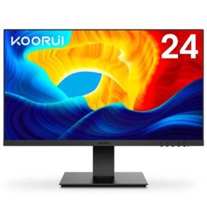 koorui 24 inch computer monitor, fhd 1920 x 1080p office pc monitor ips display 75hz, hdmi, vga, 75 x 75 mm vesa mountable, frameless, eye protection and ergonomic tilt adjustment