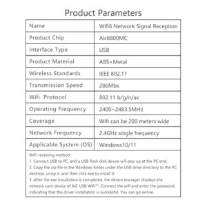 USB WiFi 6 Adapter, 286Mbs WiFi Dongle USB Wireless Network Adapter 2.4GHz 802.11 B G N Ax for Win10/11 Desktop PC Laptop