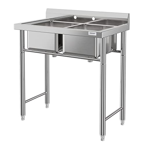 RIEDHOFF Stainless Steel Utility Sink with 2 Compartments, [Wide Compartment] Commercial Kitchen Sink for Laundry, Backyard, Garage, Restaurant, Outdoor -Bowl 16" L x 14" W x 9" H