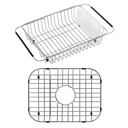 SANNO Dish Drying Rack, Expandable Dish Drainer Over Sink Kitchen Sink Grate Sink Protector for Kitchen Organization Stainless Steel