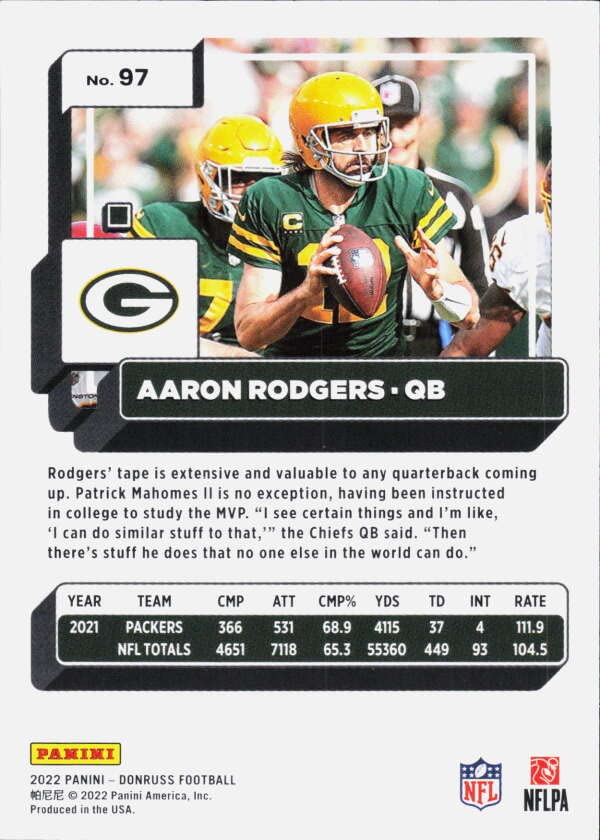 Football Trading Card NFL 2022 Donruss #97 Aaron Rodgers NM Near Mint Packers