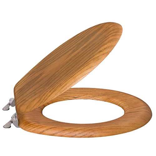 Centoco Oak Wooden Toilet Seat Round, Closed Front with Cover, Residential, Chrome Hinge, DSHP2500CH-LOAK, Oak