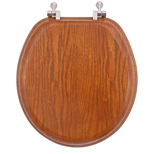 Centoco Oak Wooden Toilet Seat Round, Closed Front with Cover, Residential, Chrome Hinge, DSHP2500CH-LOAK, Oak