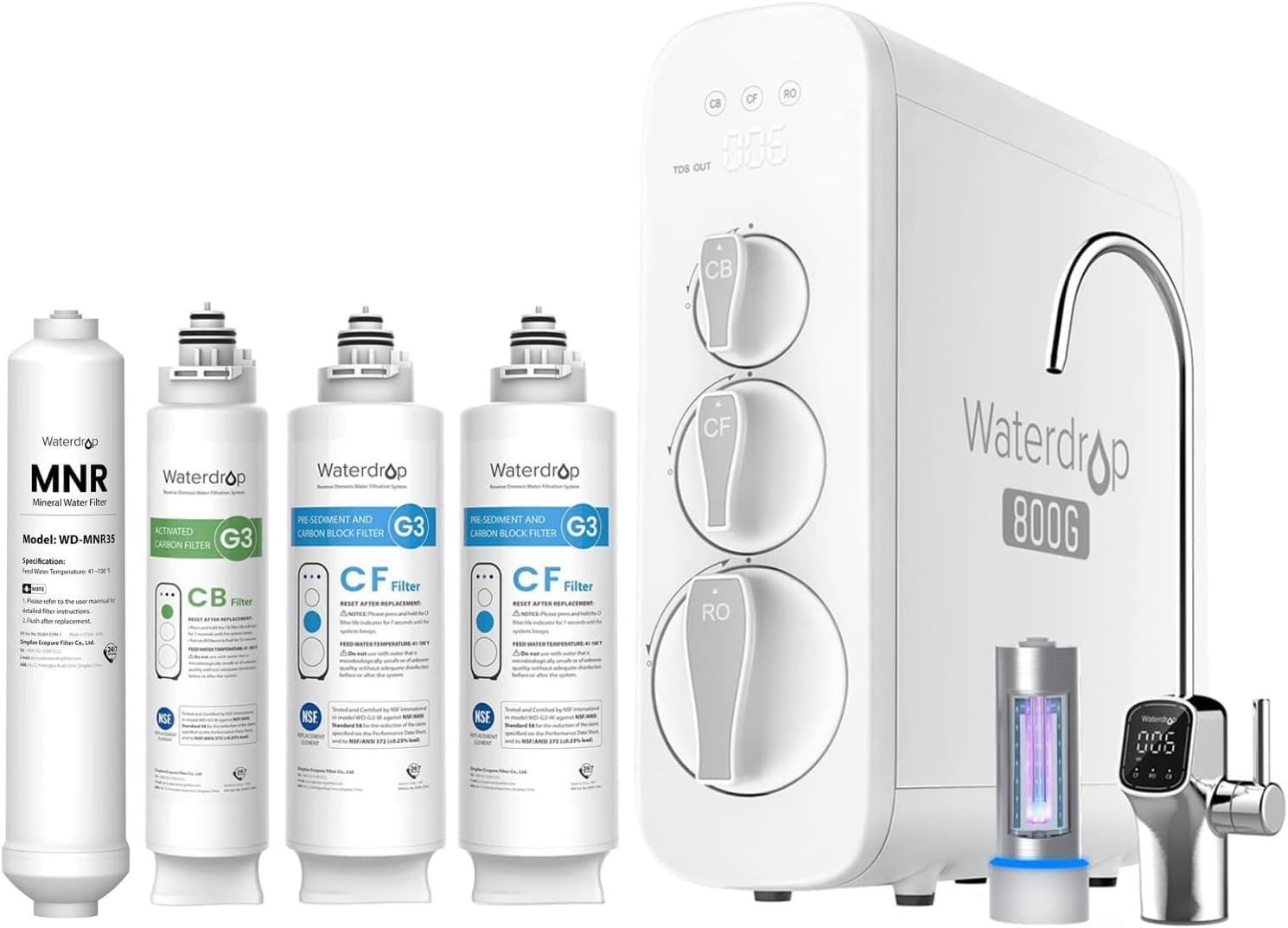 Waterdrop G3P800 Reverse Osmosis System with WD-MNR35 Mineral Filter and WD-G3-2CFCB Filter, 800 GPD Fast Flow, NSF/ANSI 42 & 58 & 372 Certified, 3:1 Pure to Drain