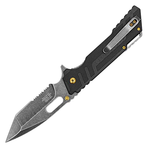 Buckshot Knives 8.5" Overall Spring Assisted Serrated Tanto Blade Survival Folding Pocket Knife With Stainless Steel And Nylon Fiber Handle (PWT405BK)