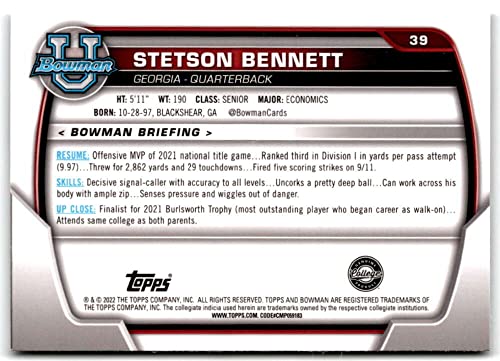 2022 Bowman Chrome University #39 Stetson Bennett Georgia Bulldogs Football