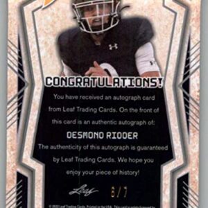 2022 Leaf Flash Portrait Autograph Kaleidoscope Black #PA-DR1 Desmond Ridder RC Rookie AUTO Autograph 6/7 Cincinnati Bea Football Trading Card