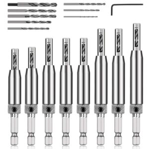 vtosen 17pcs self centering drill bit set, high speed steel hinge tapper core drill bit set with 1 hex key & 8 drill bits 5/64-1/4”, adjustable door drill bits for woodworking window door hinge